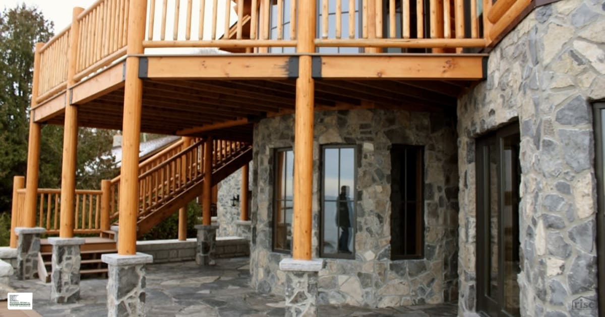 Stone house with timber decking with Cedar Decking by Masonal Stone Inc