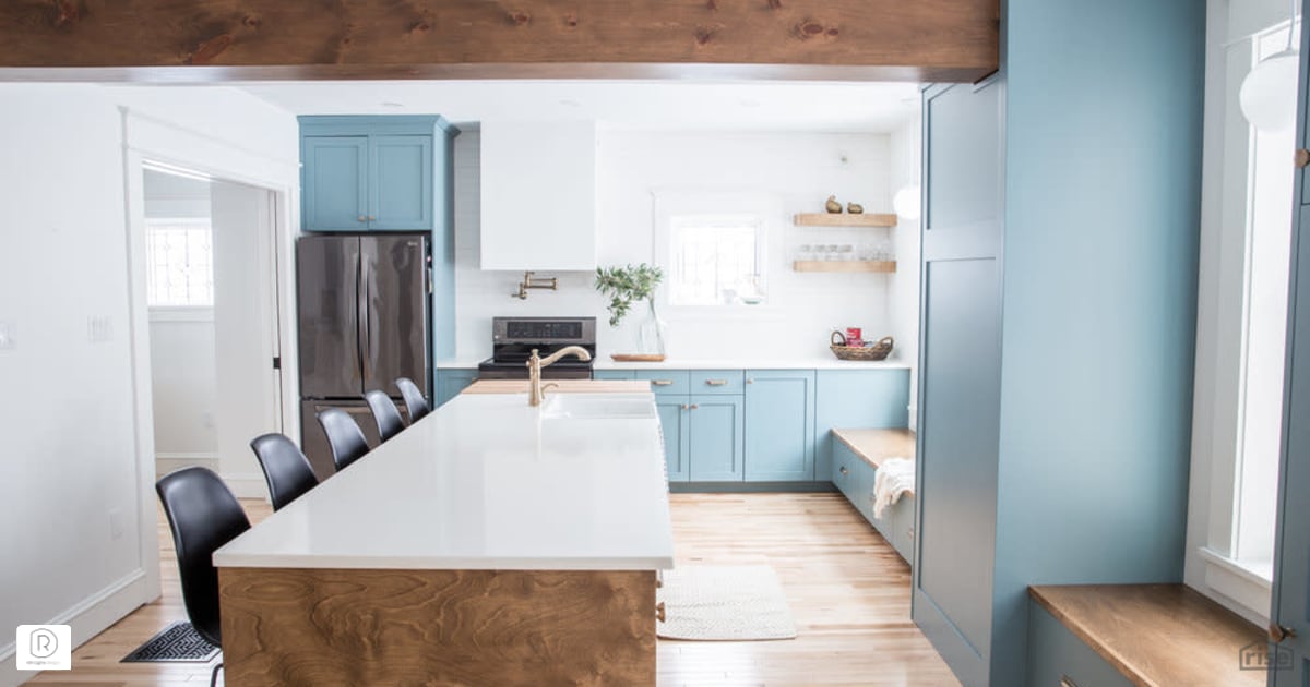 Open kitchen with exposed wood beam with Engineered Hardwood by ...