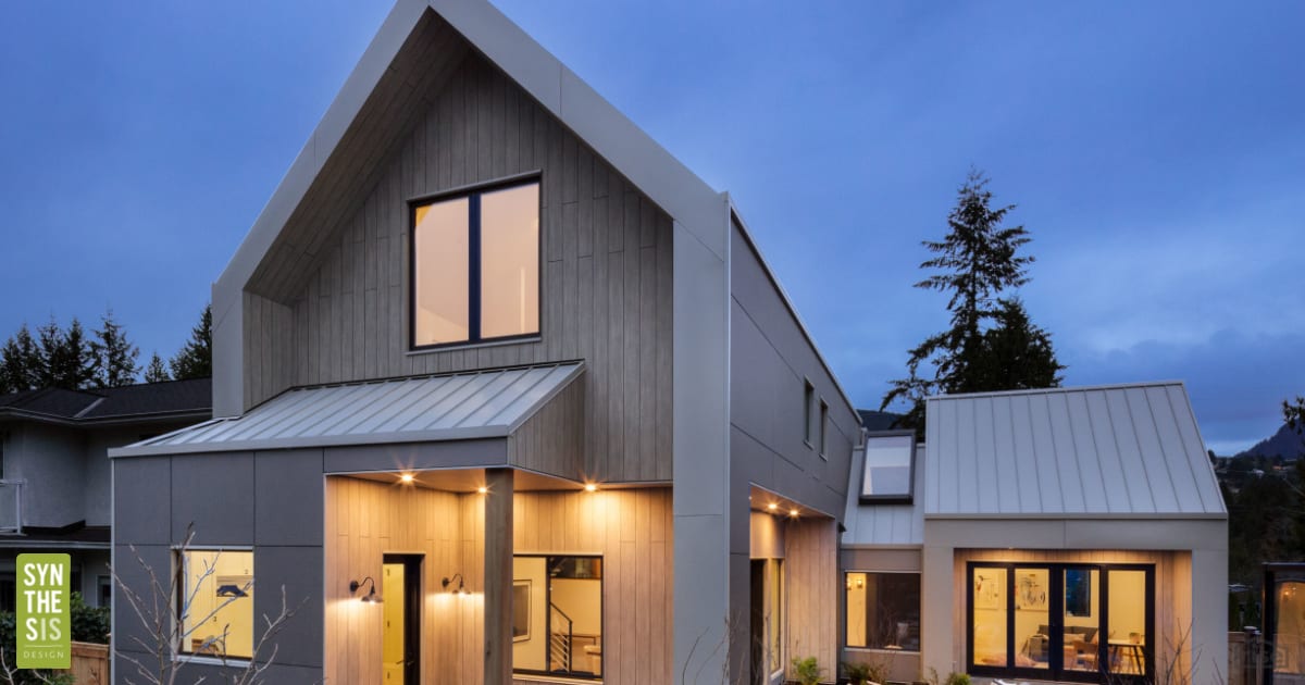 Stone Grey Home with Side Courtyard with Fiber Cement Siding by ...