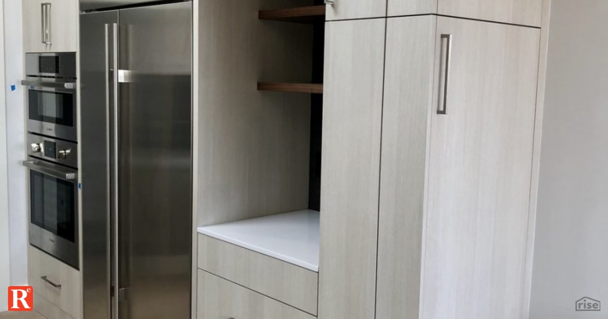 Grey wood veneer cabinets with stainless steel appliances with Wood ...
