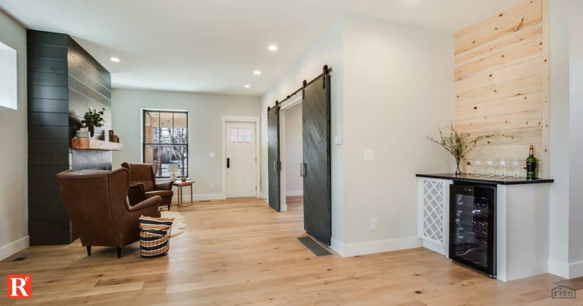 Entryway with gas fireplace and wine fridge with Integrated LED by ...