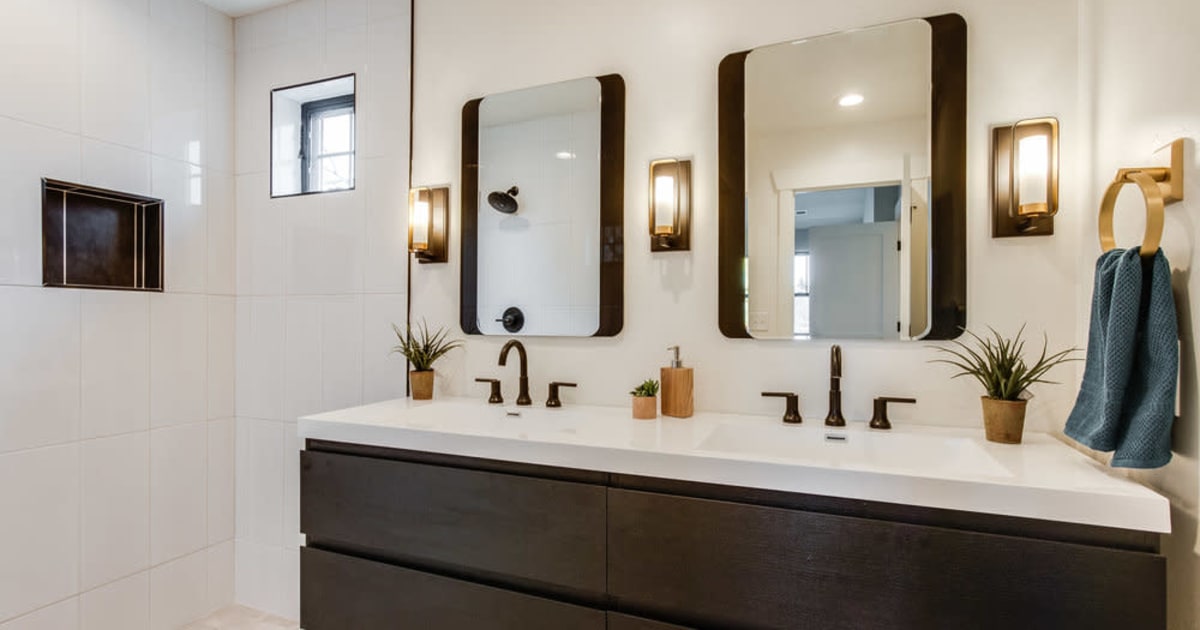 Chocolate colored double vanity with Low-Flow Bathroom Faucet by ...