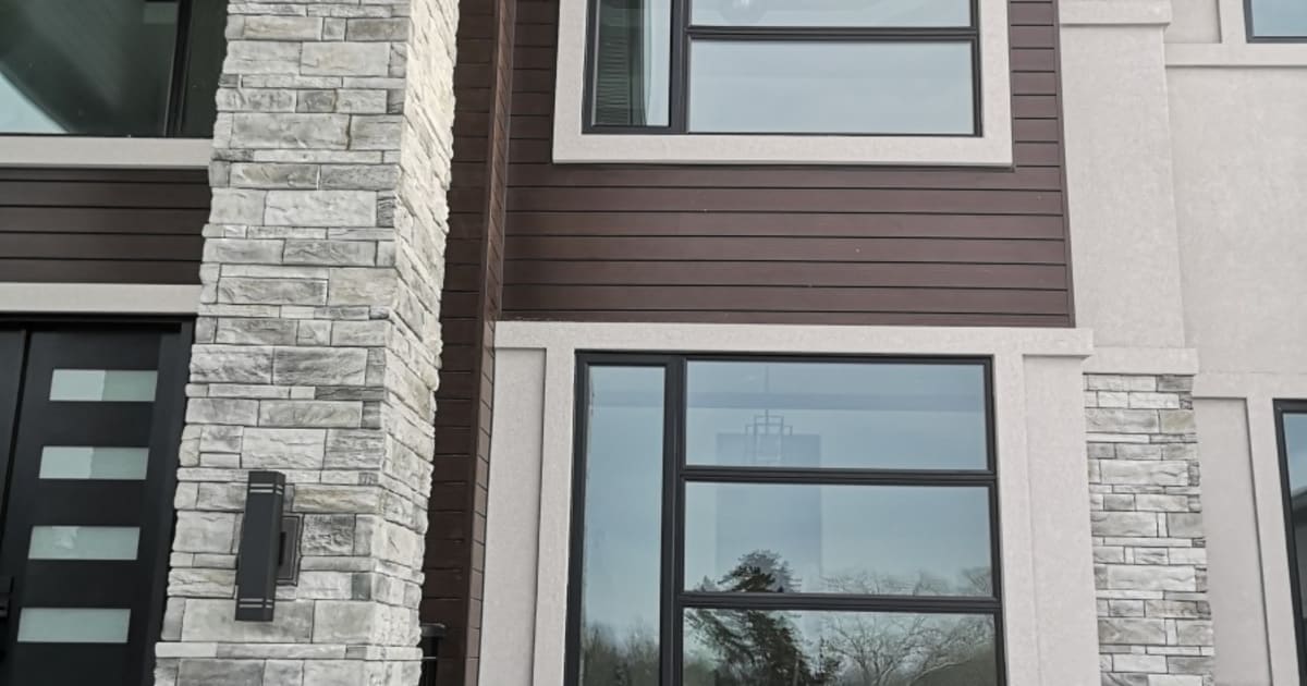 Rise | Stone veneer siding with brown composite siding with Accent ...