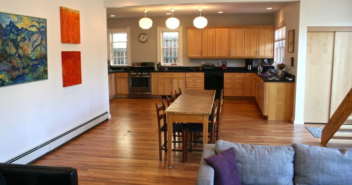 Rise | Open concept kitchen with original flooring with Electric ...